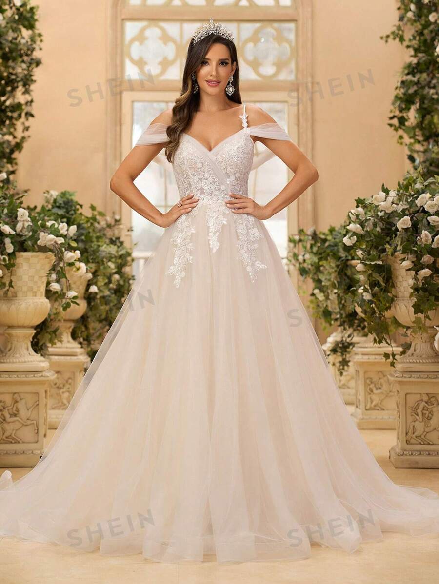 SHEIN Belle Luxurious White Off Shoulder Lace Wedding Dress Adorned ...