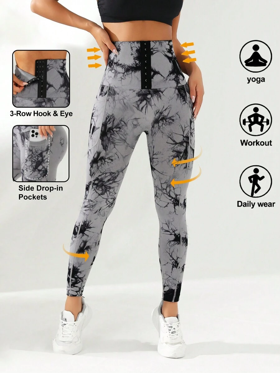 SHEIN Sport Seamluxe Seamless Tie-Dye High Waist Yoga Leggings With Pocket And Buckle Strap For ...