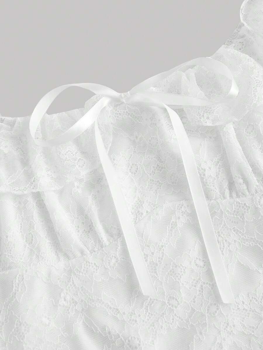 SHEIN MOD White Romantic Ballet Style Lace Ruffle Hem Dress Wedding ...