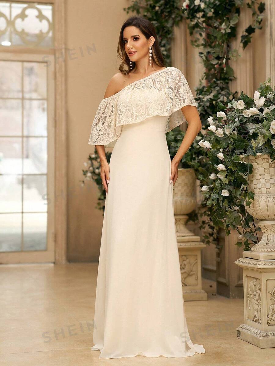 SHEIN Belle Women's Elegant Romantic Apricot Lace & Chiffon Fabric ...