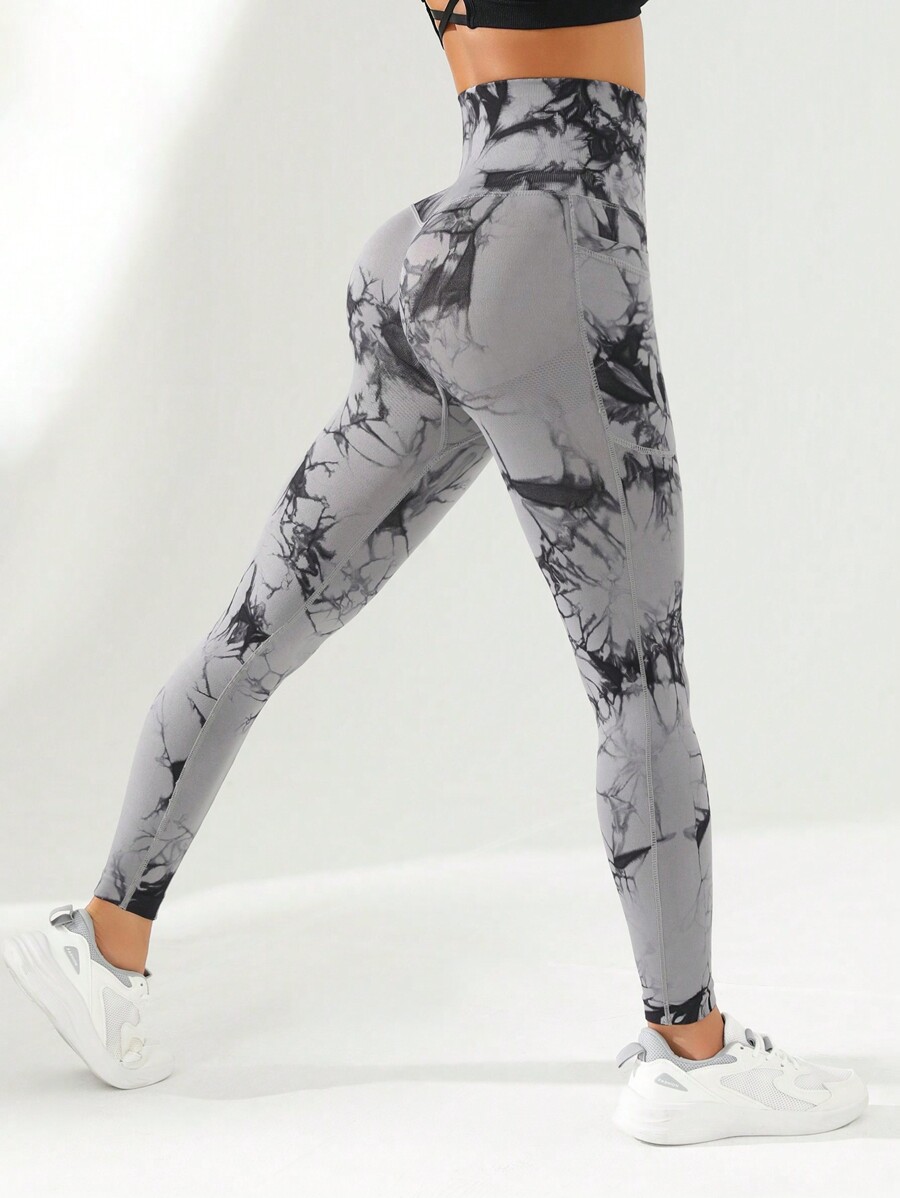 SHEIN Sport Seamluxe Seamless Tie-Dye High Waist Yoga Leggings With Pocket And Buckle Strap For ...