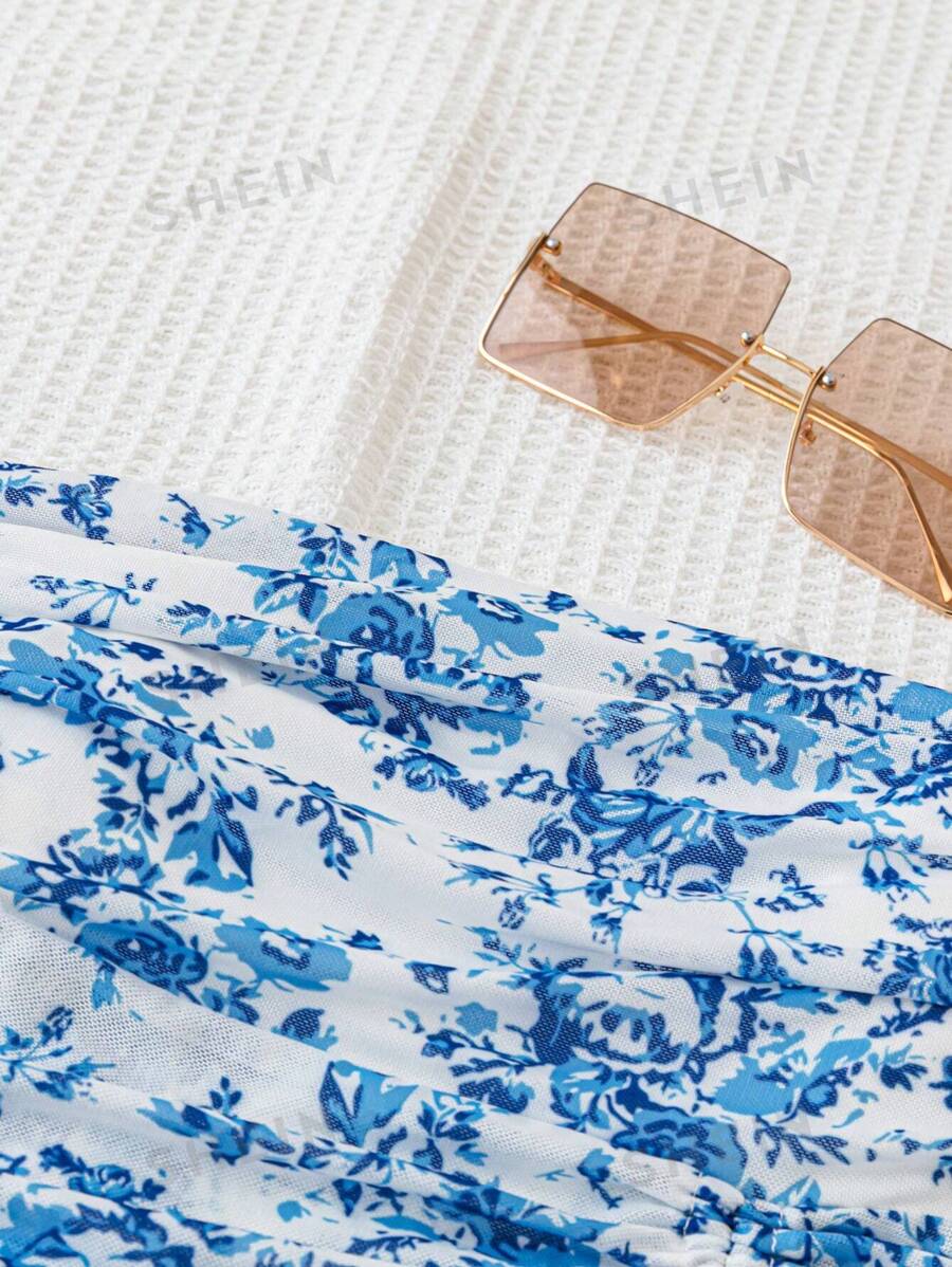 Shein Wywh Blue And White Rose Floral Print Strapless Ruched Crop Top