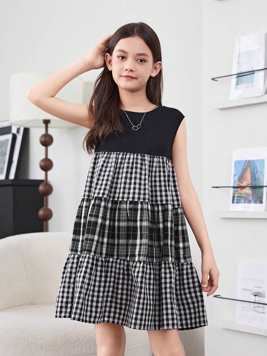SHEIN Tween Girl Japanese-Style College Spring/Summer Knitted Patchwork Plaid Color-Block ...