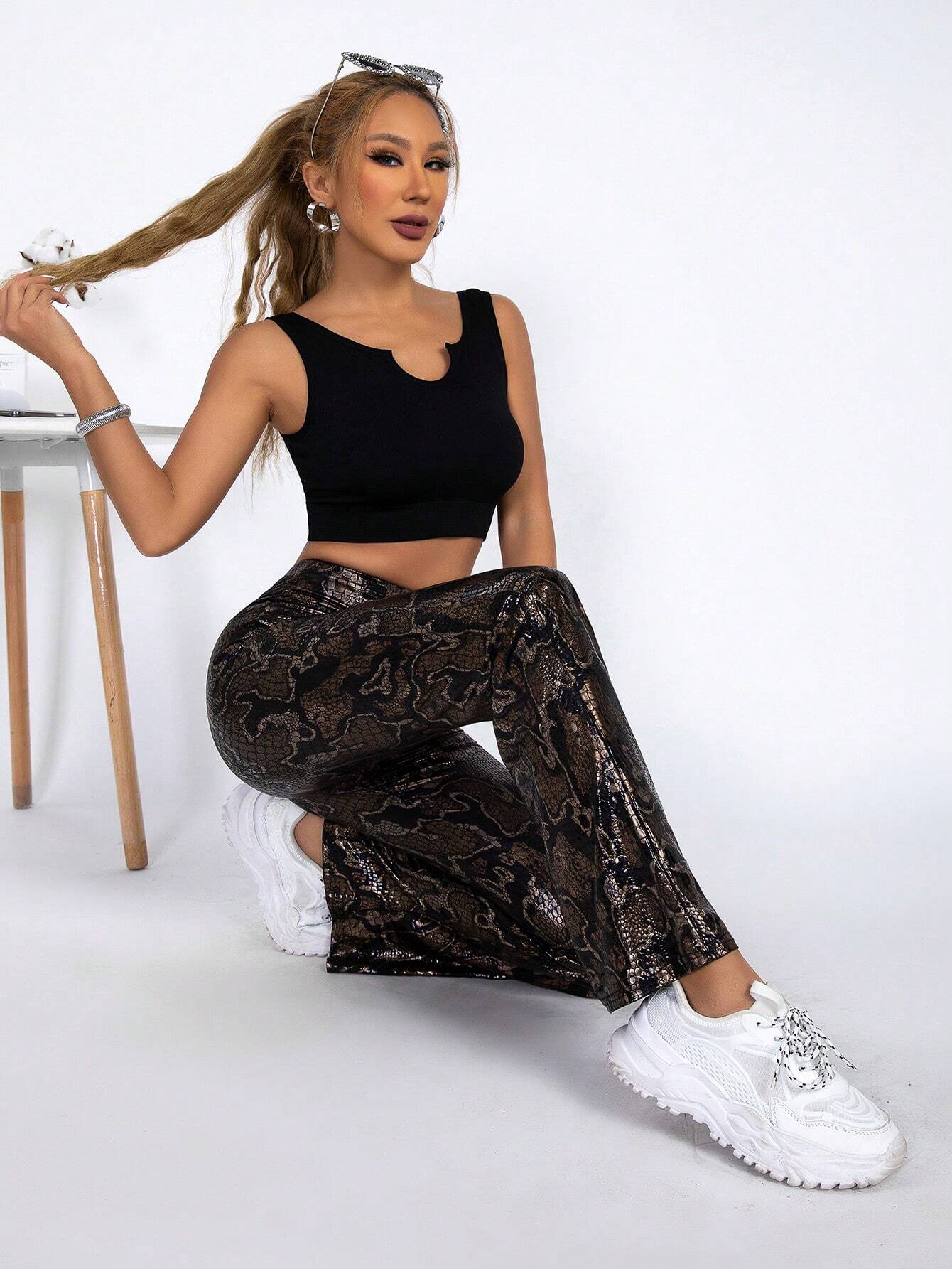 High Waisted Snake Print Slim Fit Flare Pants With Gold Foil Detail ...