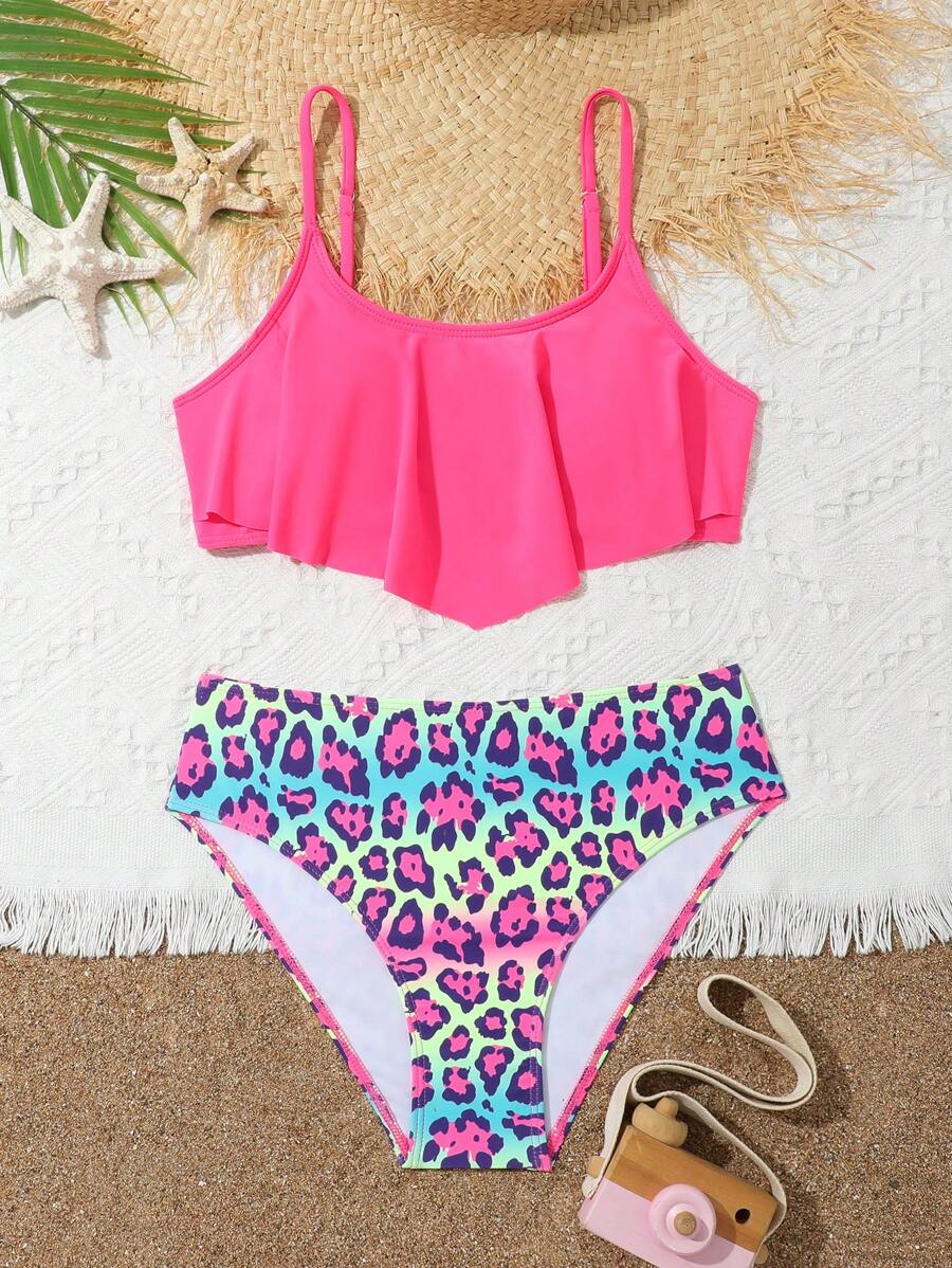Teenage Girl's Ruffle Trimmed Cami Top And Leopard Print Tankini Set ...