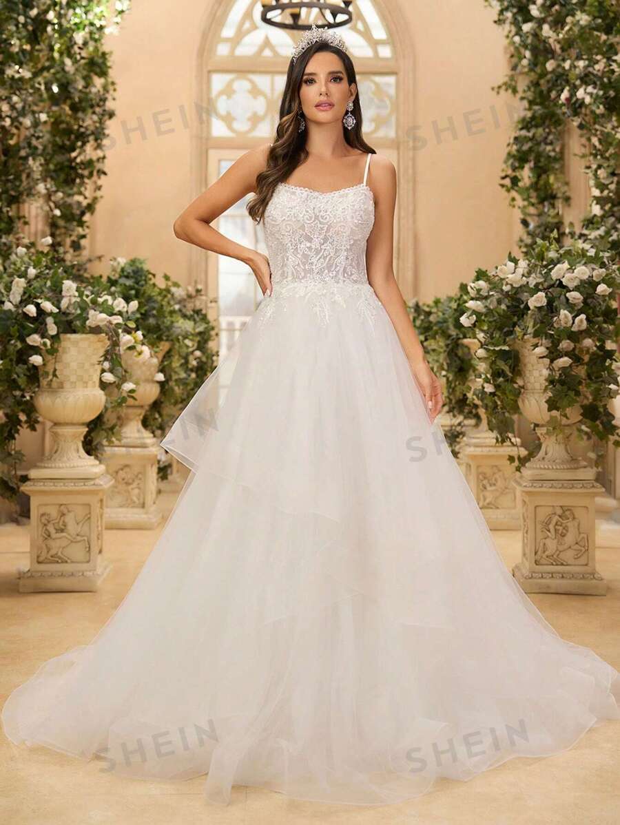 SHEIN Belle Vestido de novia de sirena con adornos de cuentas y encaje ...