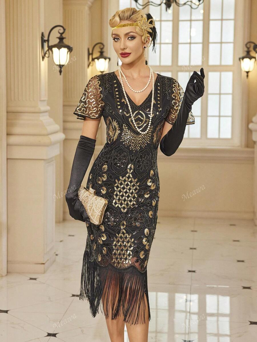 1920s Vintage Flapper Dress, Mesh Fringe Sequin Party Dress Elegant ...