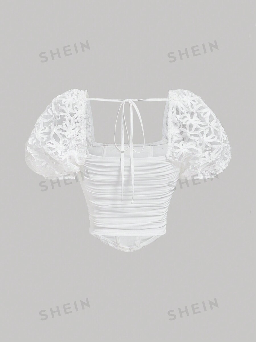 SHEIN MOD Summer Wedding Party White Shaping Cropped Mesh Shirt With 3D Floral Design And ...