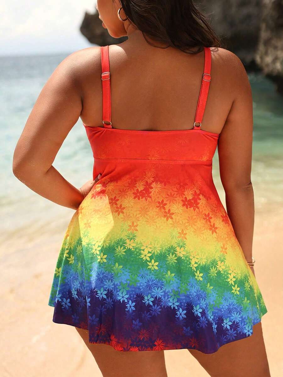 SHEIN Swim Vcay Plus Size Summer Beach Ombre Plant Printed Cross Wrap Tankini Set | SHEIN USA