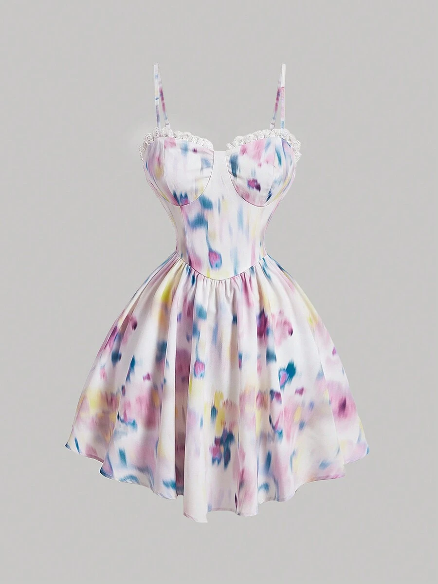 SHEIN MOD Romantic Ombre Print With Lace Trimmed Cups And Hem Figure ...