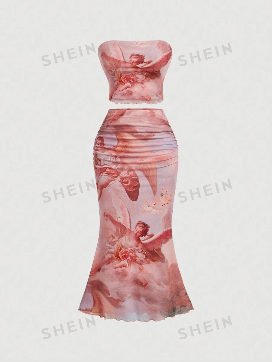 SHEIN MOD Pink Angel Oil Painting Print Elastic Mesh Tube Top And Women ...