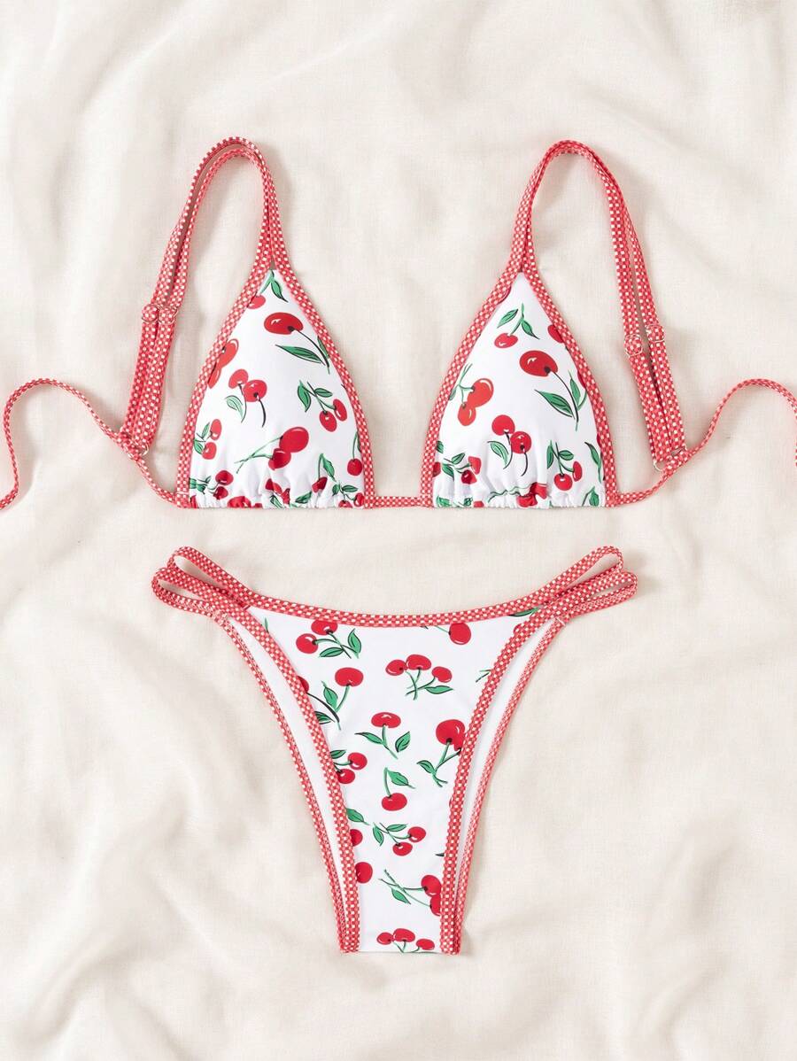 Shein Swim Womens Vacation Cherry Printed Sexy Bikini Set With