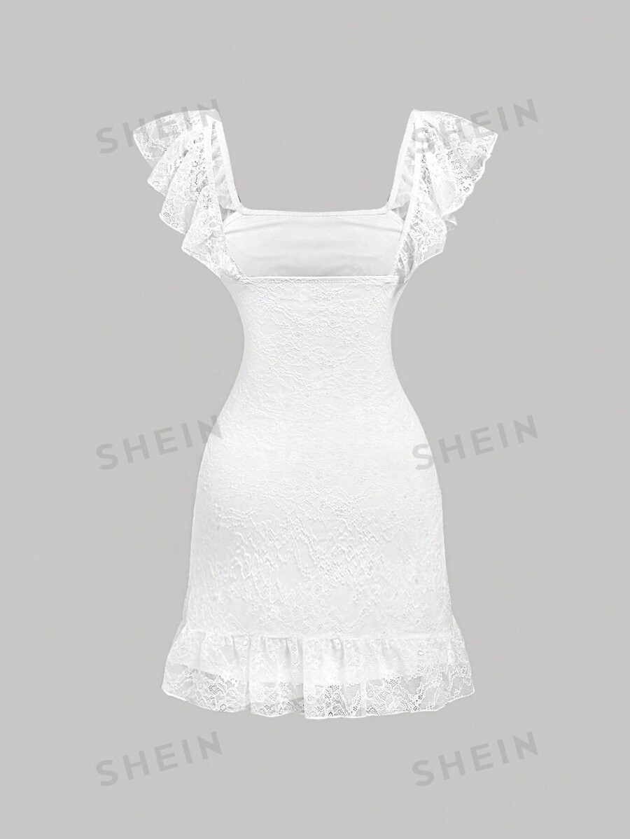 SHEIN MOD White Romantic Ballet Style Lace Ruffle Hem Dress Wedding ...