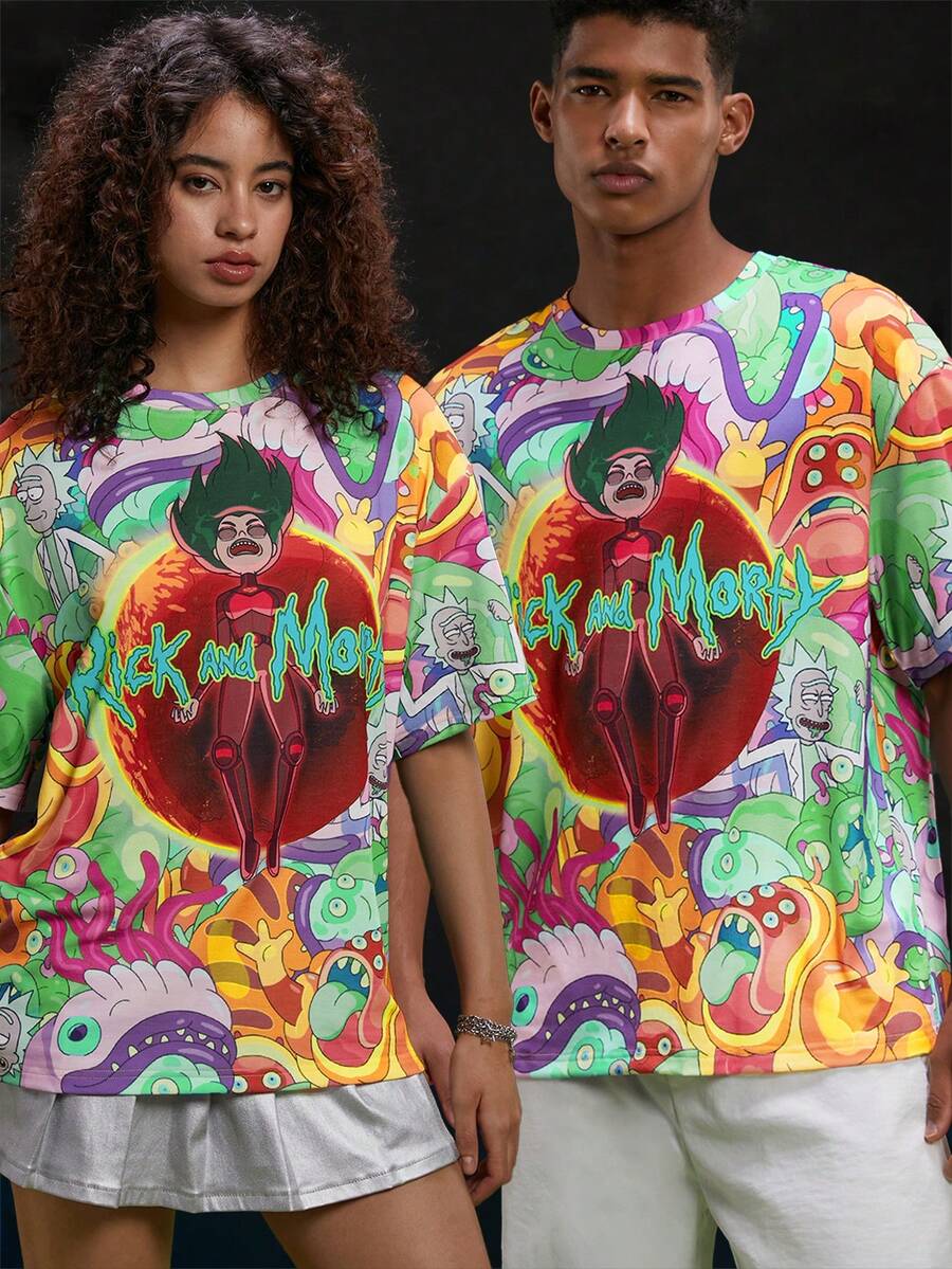 Rick and Morty X SHEIN Men 1pc Cartoon Character And Letter Printed ...