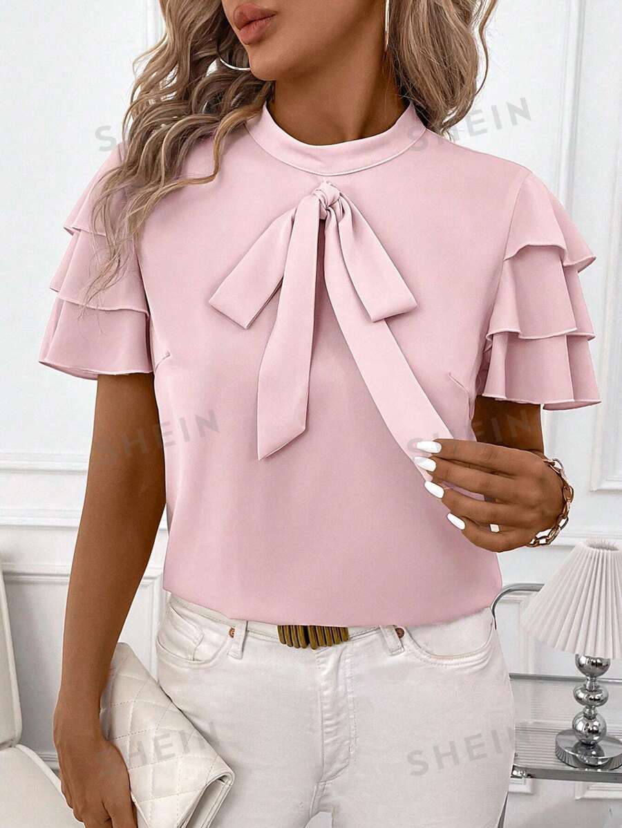 SHEIN Clasi Chemisier rose tissé pour femmes avec manches à triple ...