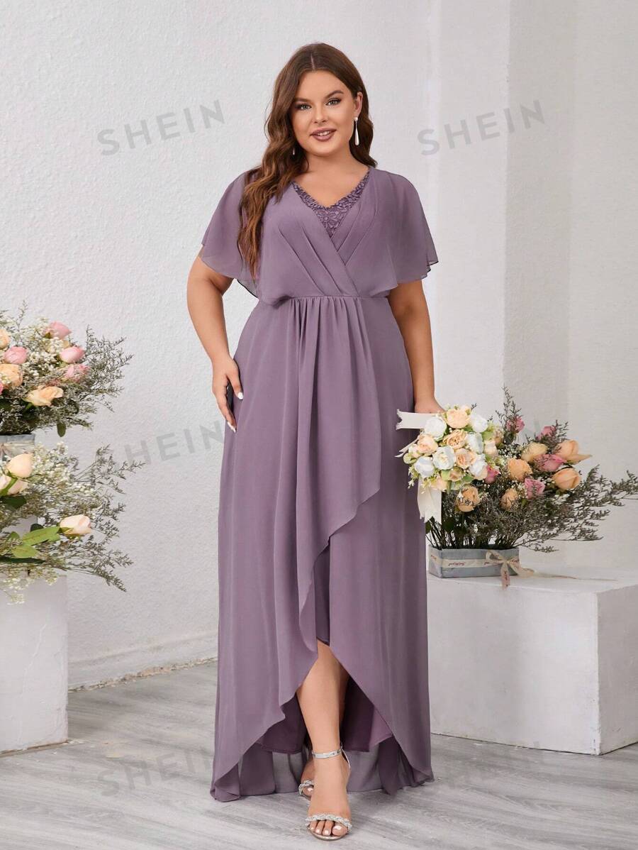SHEIN Belle Vestido feminino em tecido de renda e chiffon cinza roxo ...