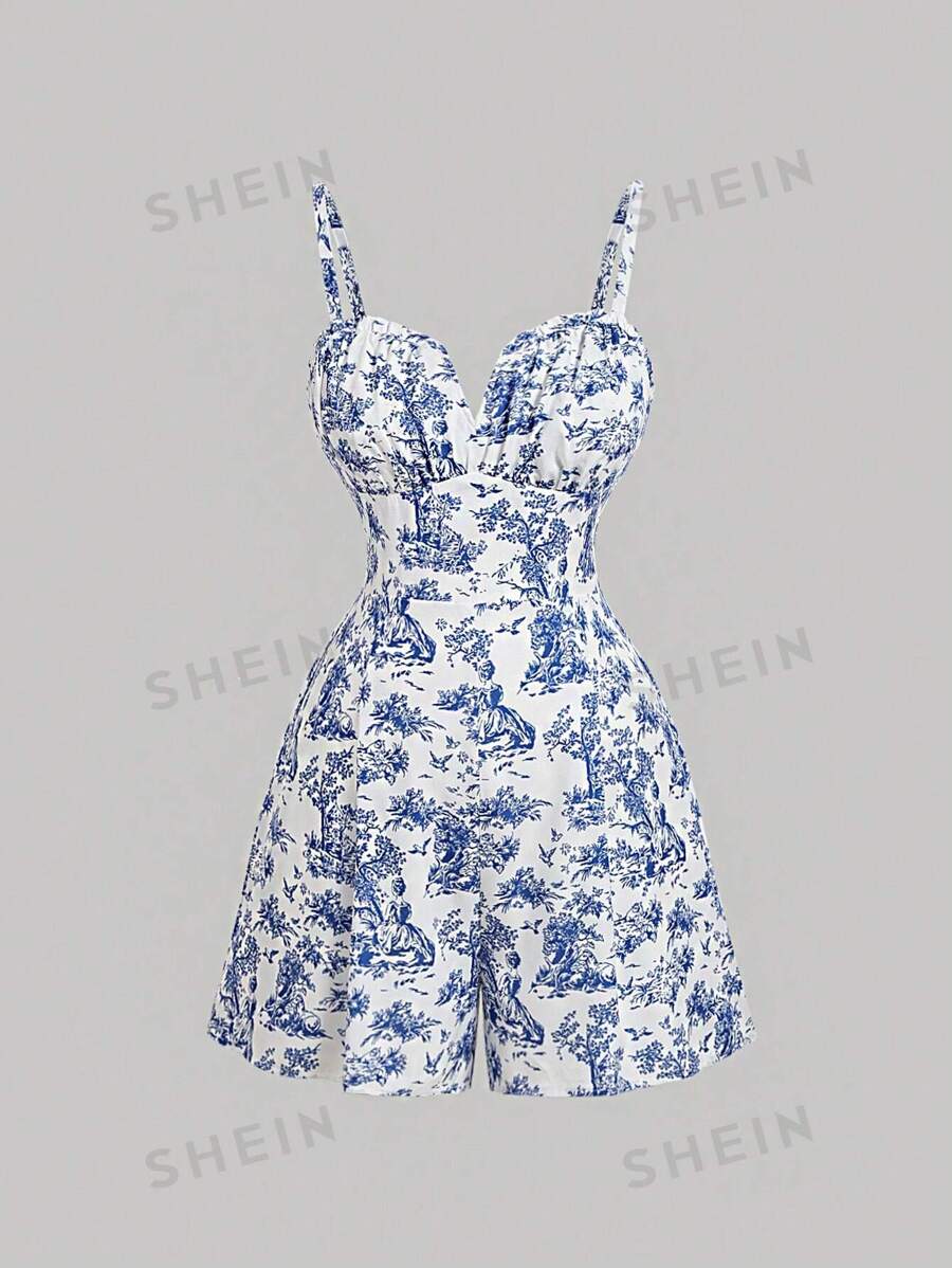 SHEIN MOD Macacão Plus Size Azul Retrô de Peito Plissado com Alças para ...