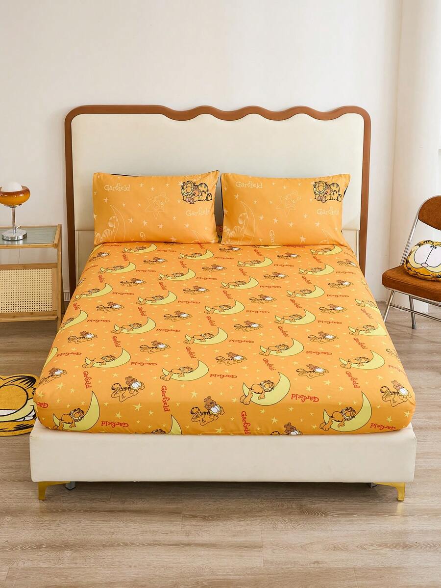 GARFIELD X SHEIN Cartoon Printed Yellow Bed Sheet | SHEIN UK