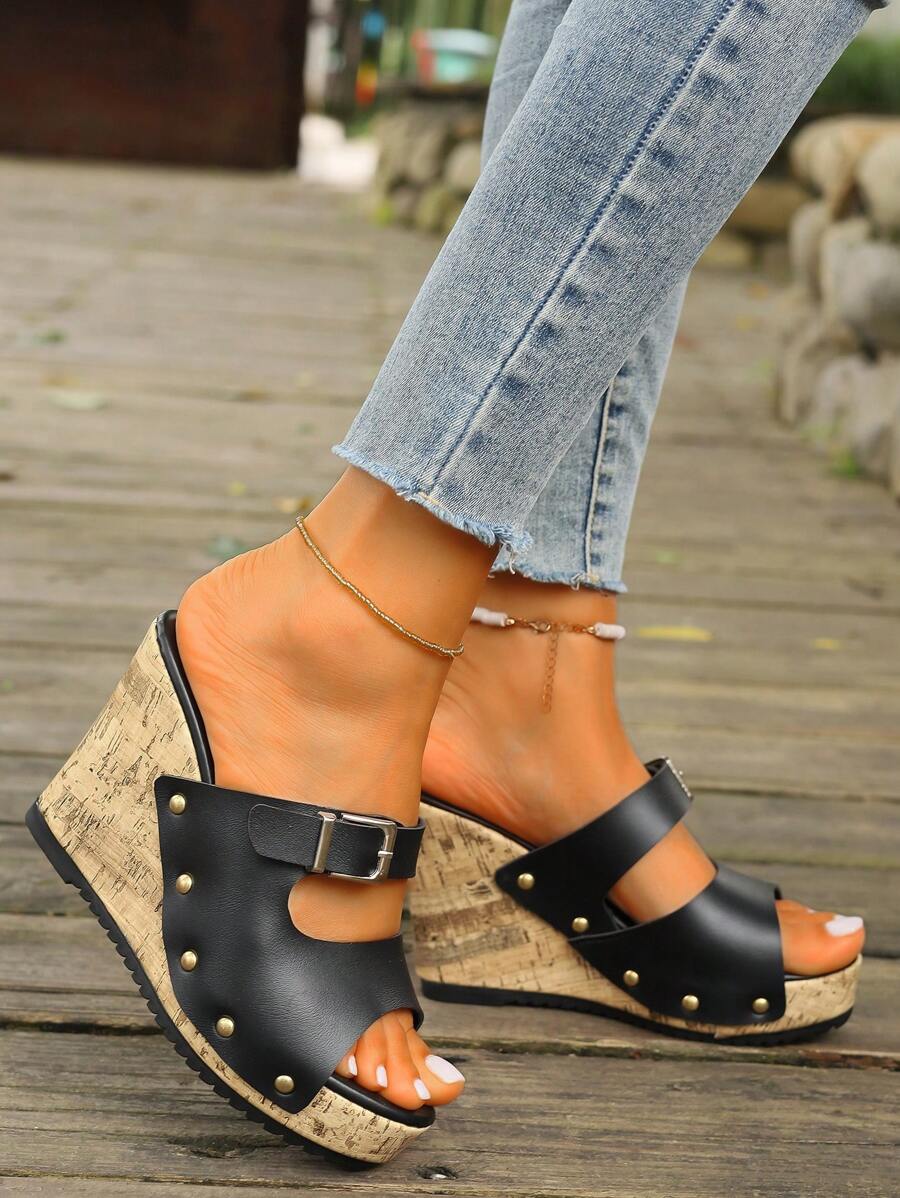 Women's Black Platform Wedge Sandals With Buckle Strap, Stud Detail ...