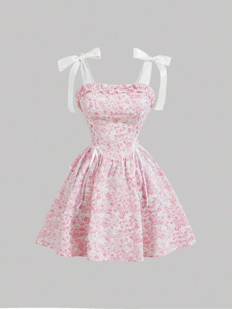 SHEIN MOD Women Pink Floral Print Belted Vintage Court Flared Skater ...