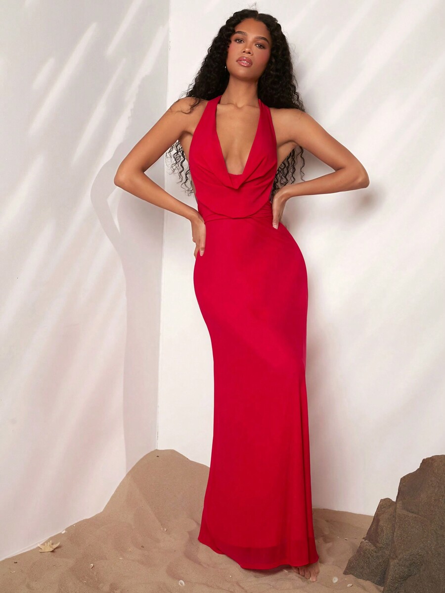 SHEIN VCAY Solid Color Knitted Dress With Net Yarn Design, Draped Neck ...