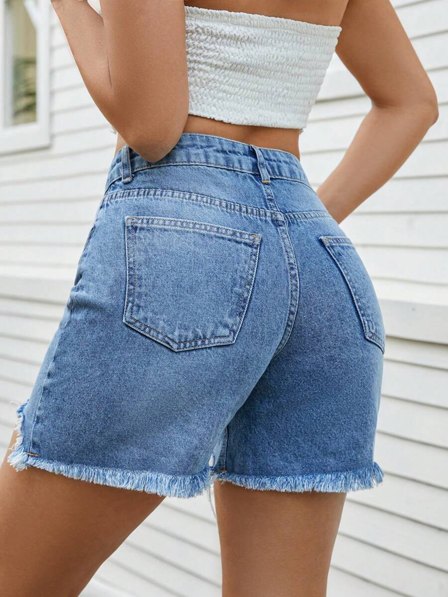 DESTROYED RAW HEM MIDDLE LENGHT WOMEN JEAN SHORT | SHEIN USA