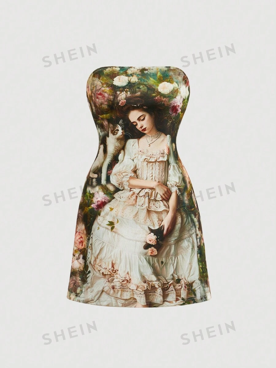 SHEIN MOD Green Vintage Court Style Printed Strapless Dress Rave ...