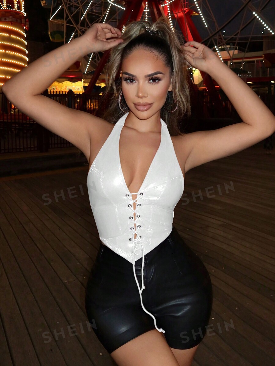 SHEIN SXY Ladies' Mirror Effect Elastic Lace Up Halter Neck Tank Top, For Music Festival ...