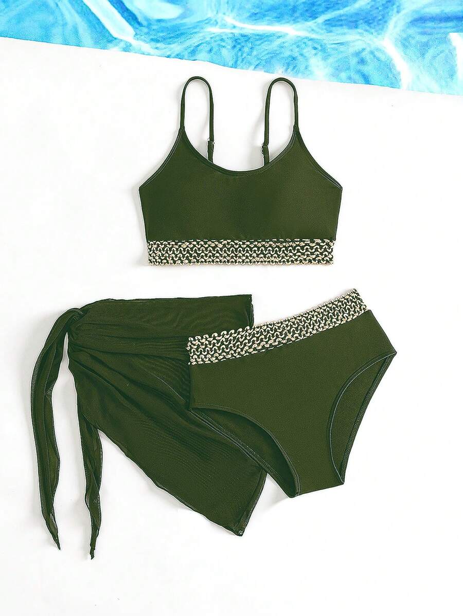 Tween menina retalhos casual férias sutiã topo com conjunto de biquíni ...