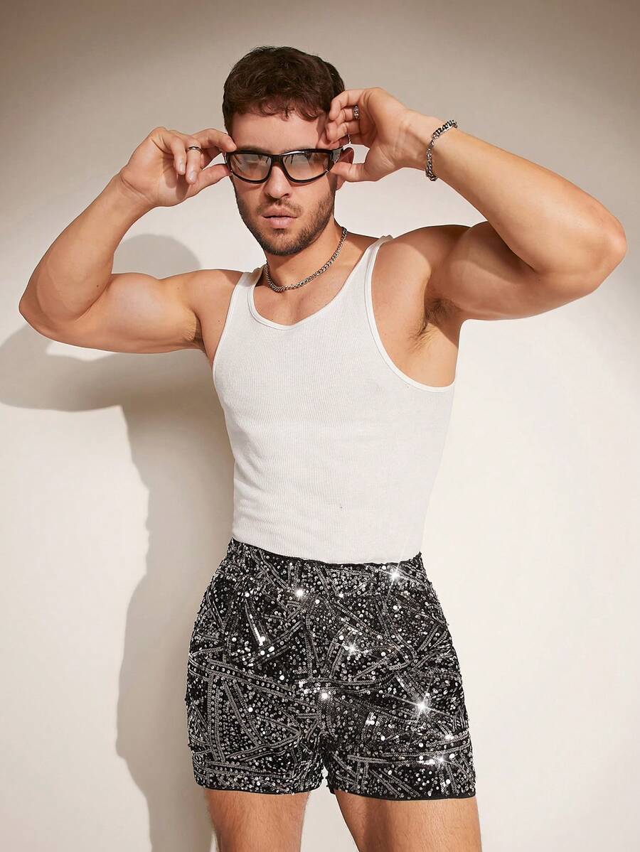 FeverCity Men Sparkly Sequins Decor Pocket Shorts Suitable For Parties ...