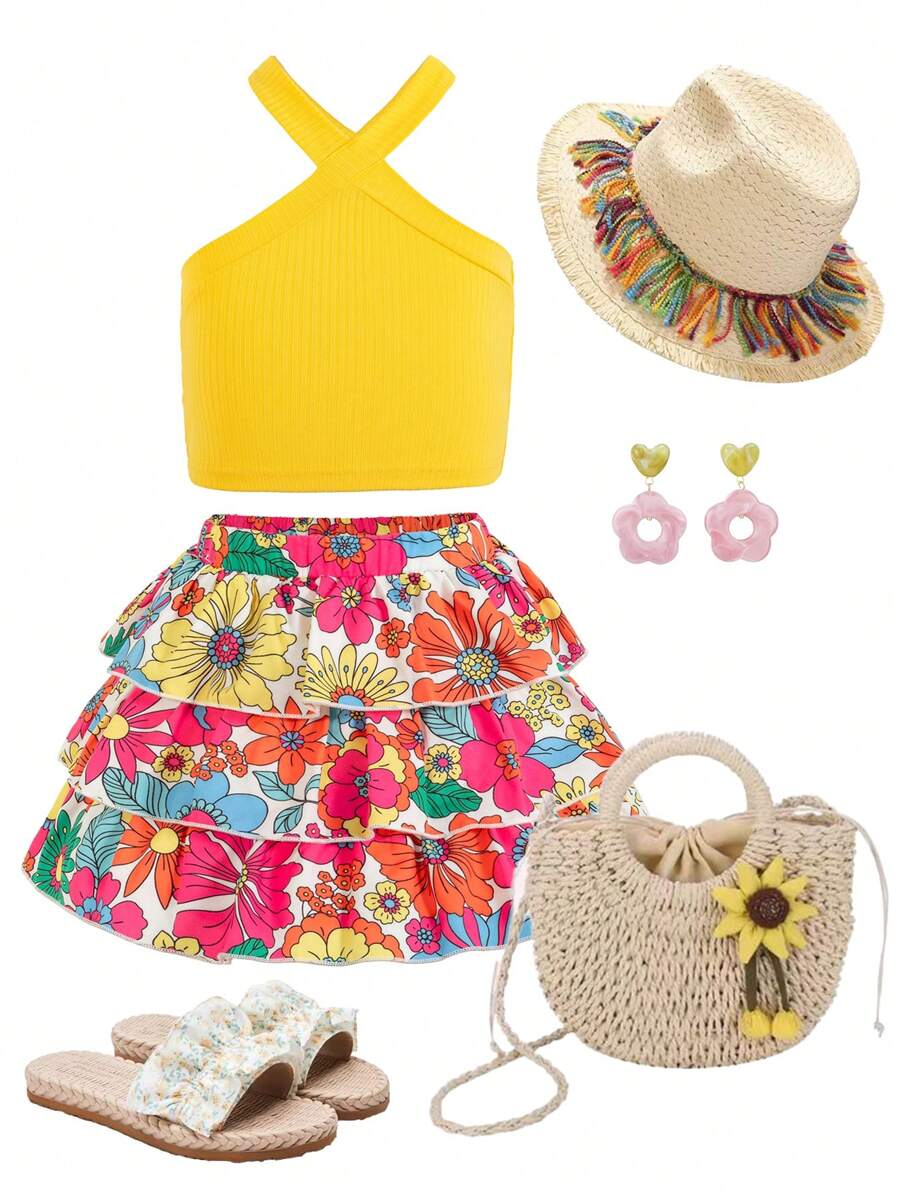 SHEIN Young Girl Dopamine Color Floral Print Layered Skirt With Short ...