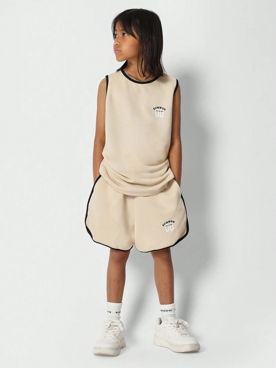 SUMWON Tween Girls Contrast Binding Tank With Curve Hem Short 2 Piece ...