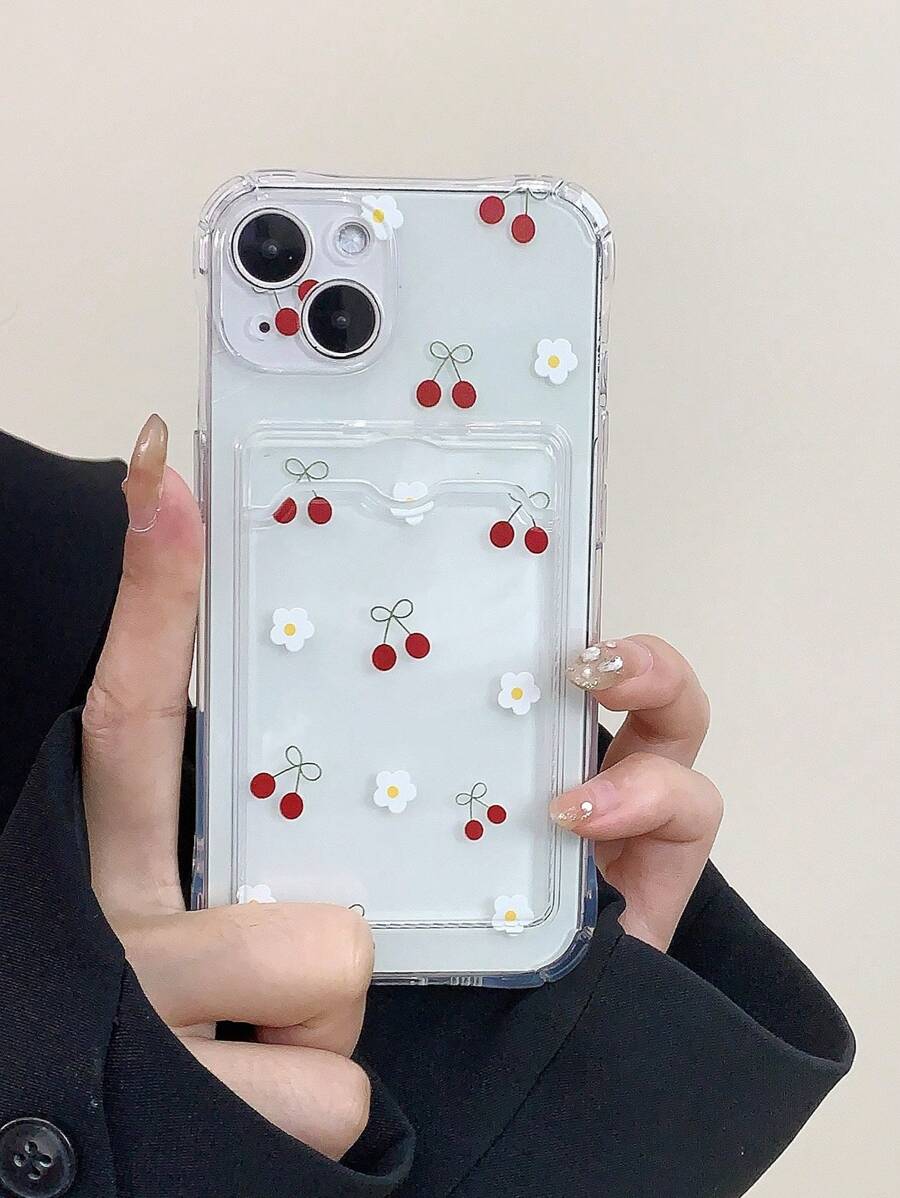 Cherry Print Clear Phone Case With Card Slot Compatible With iPhone 15/15Pro/15Plus/15Promax for ...