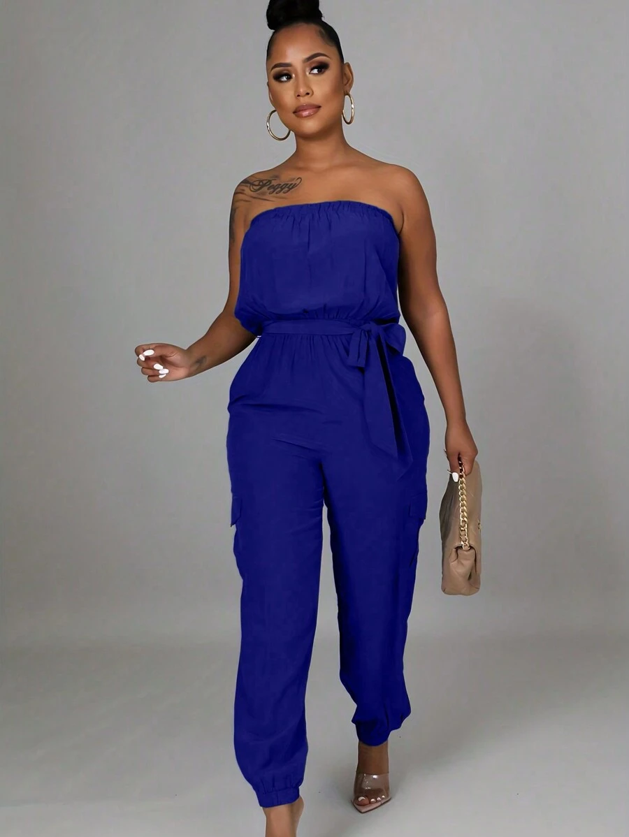 BamGleam Women's Solid Color Strap Pocket Design Casual Jumpsuit With Waistband | SHEIN USA