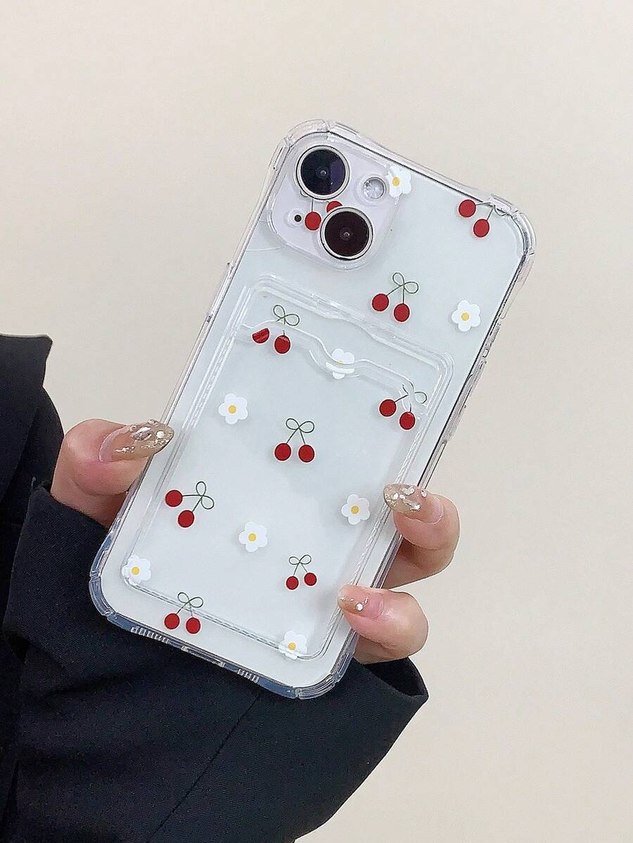 Cherry Print Clear Phone Case With Card Slot Compatible With iPhone 15/15Pro/15Plus/15Promax for ...