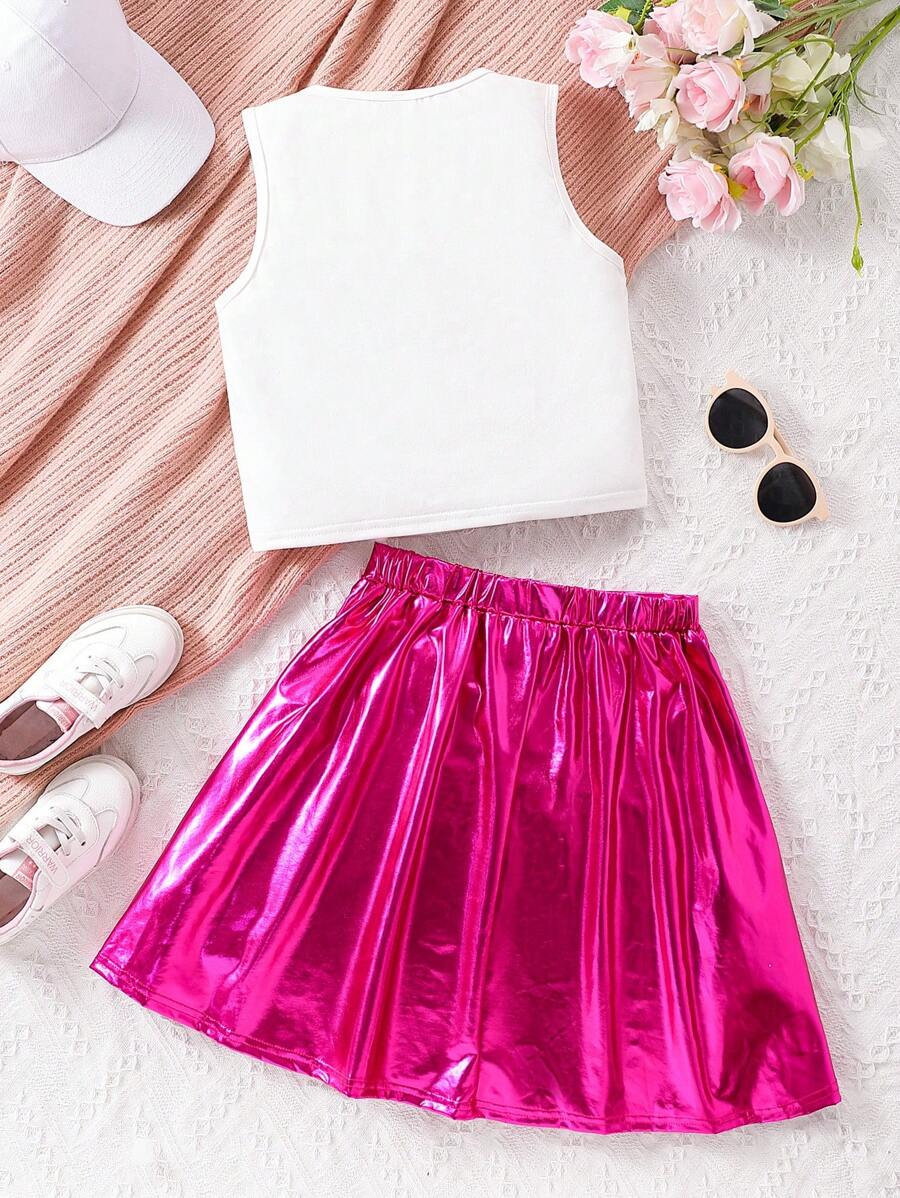 Tween Girl Figure Print Tank Top And Glossy Pleated Skirt | SHEIN UK