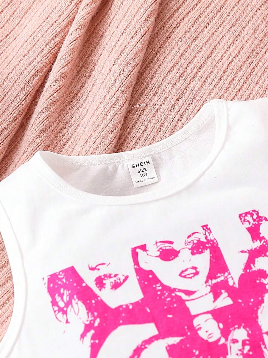 Tween Girl Figure Print Tank Top And Glossy Pleated Skirt | SHEIN UK