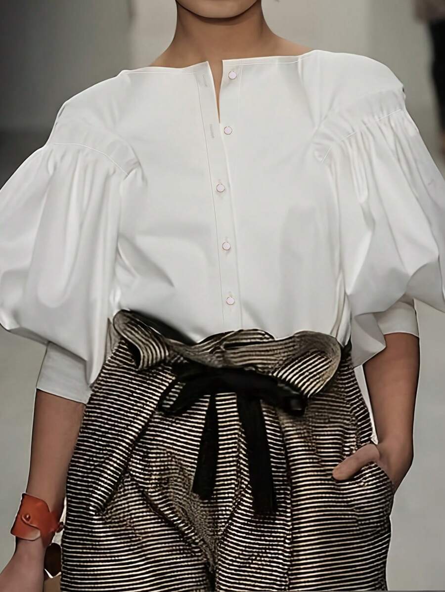 Chiquease Women's Casual White Shirt With Lantern Sleeves,Long Sleeve ...