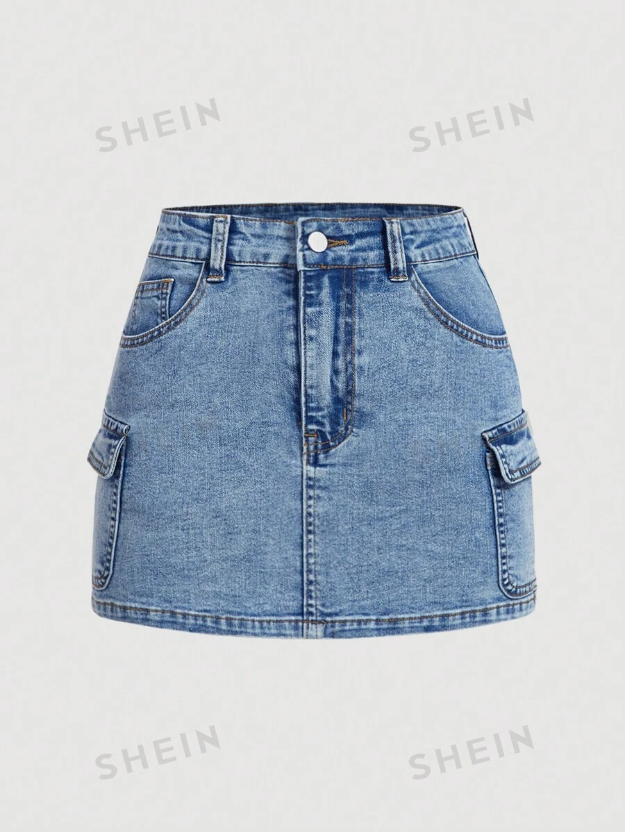 SHEIN MOD Ladies' Solid Color Denim Skirt With Pockets And Buttons ...