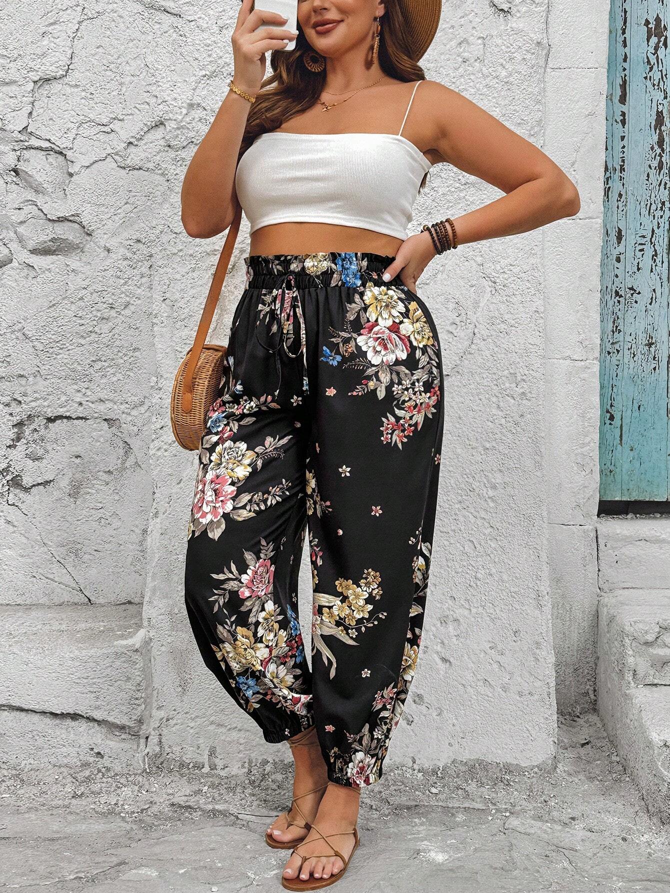 SHEIN VCAY Plus Size Holiday Black Flower Printed Elastic Waist ...
