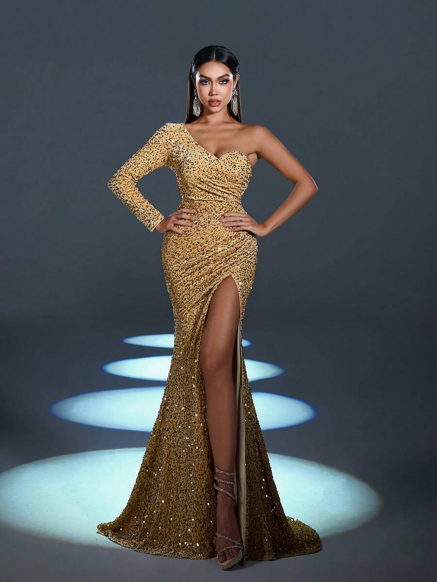 Faeriesty One Shoulder Split Thigh Sequin Mermaid Dress Formal Ball Gown For Women | SHEIN USA