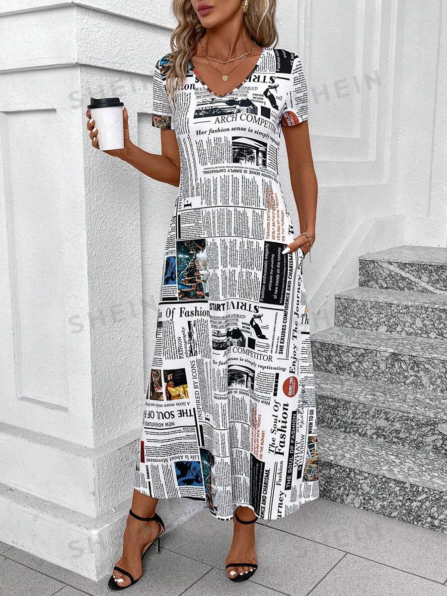 Shein Clasi Womens Elegant Long Dress With Newspaper Print Decor And