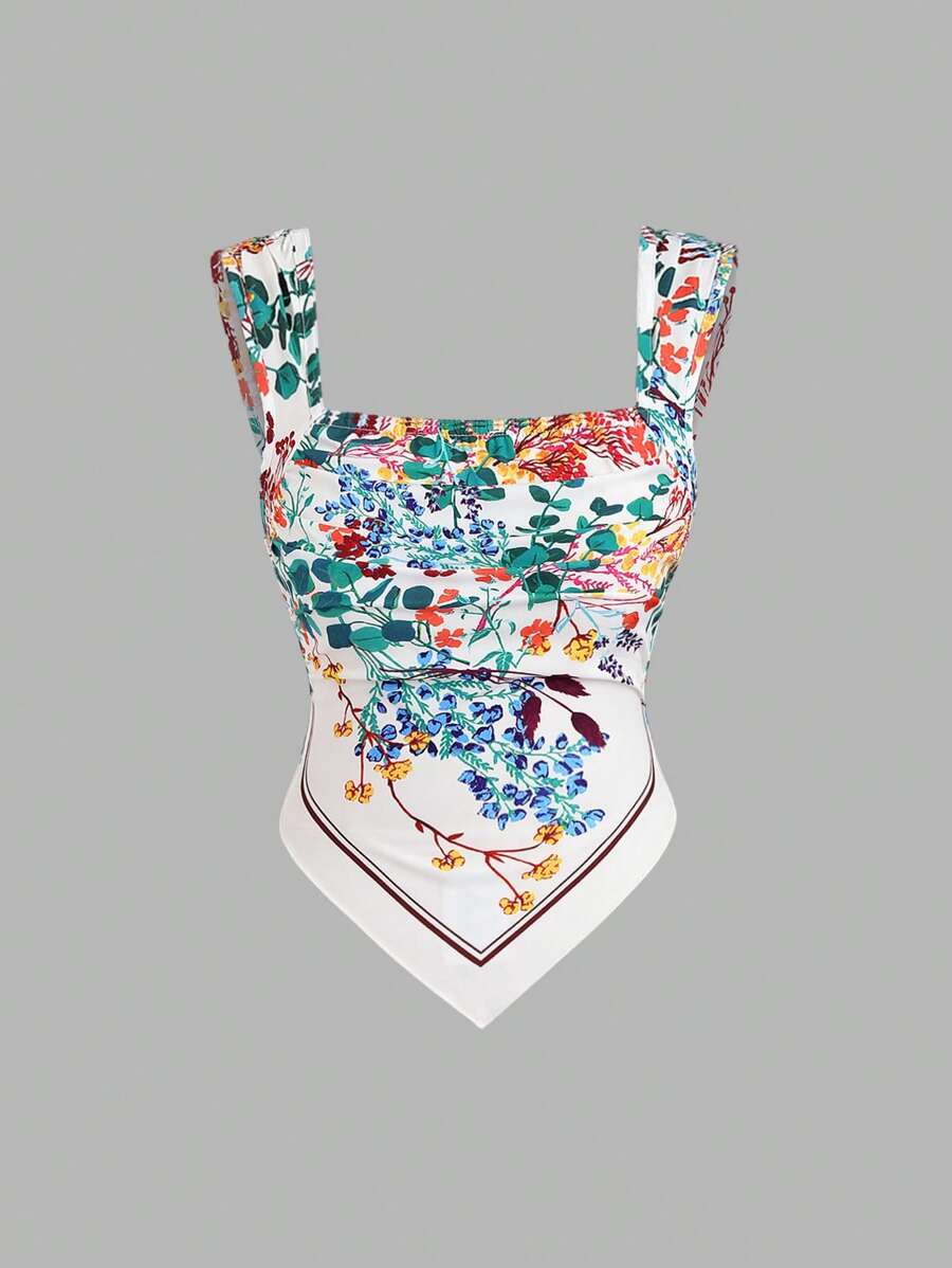 Sweetra Floral Print Square Neck Asymmetrical Hem Tank Top Y2K Outfit ...