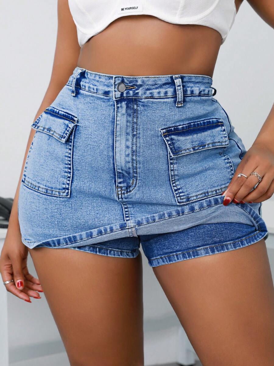 SHEIN Plus Size Skinny Solid Denim Skort With Button Closure And ...