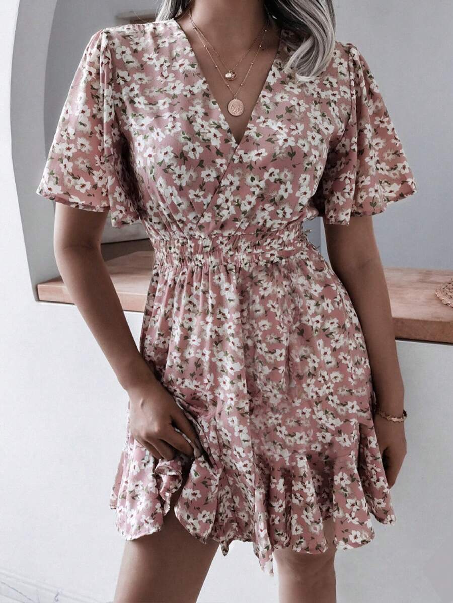 Breezaya Pink Ditsy Floral Wrap Tie Waist Ruffled Trim Mini Dress For Women | SHEIN USA