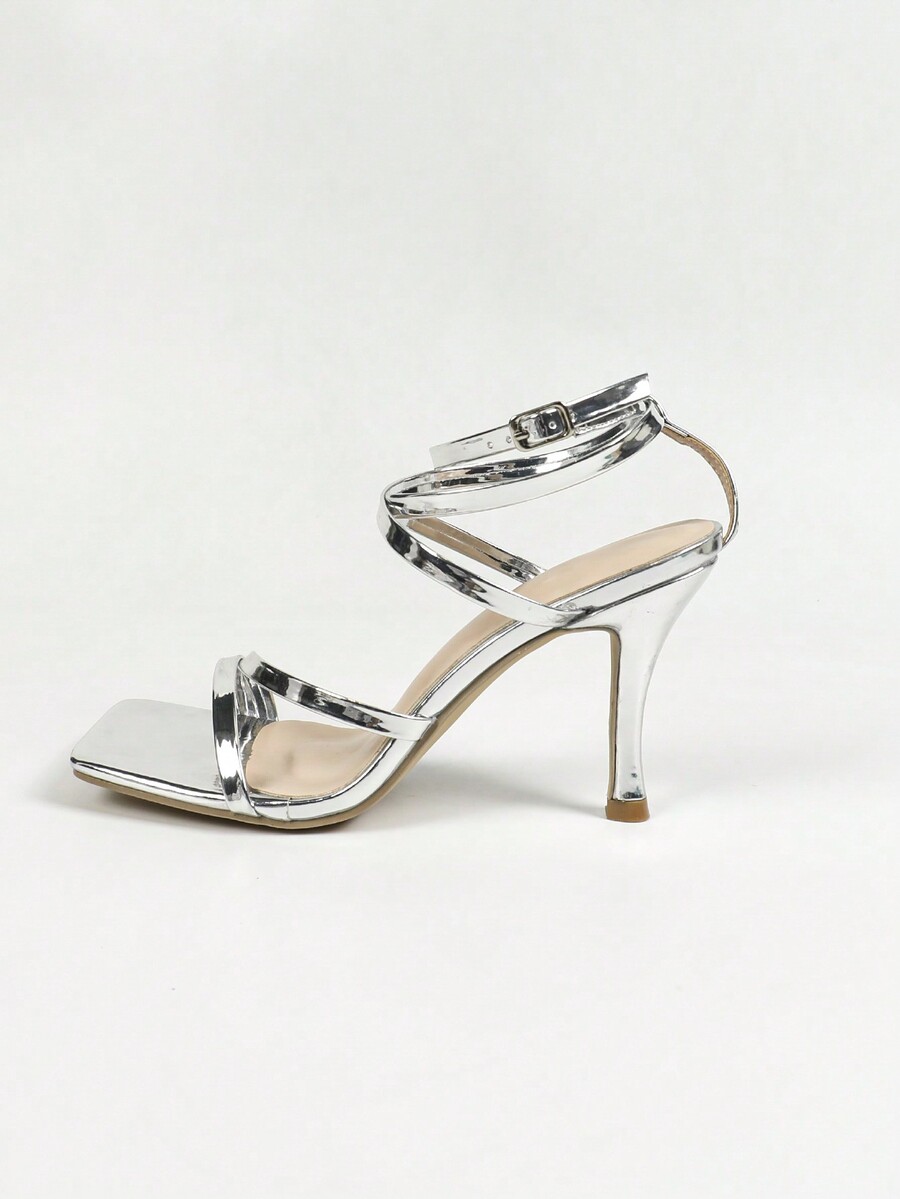 Women's Silver High-Heeled Sandals, Square Toe, Thin Heels, Buckle, Fashionable, Versatile ...