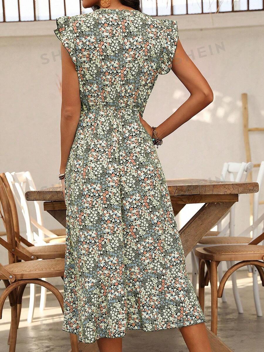 EMERY ROSE Women's Floral Print V-Neck Ruffle Hem A-Line Dress With Border Trim | SHEIN USA