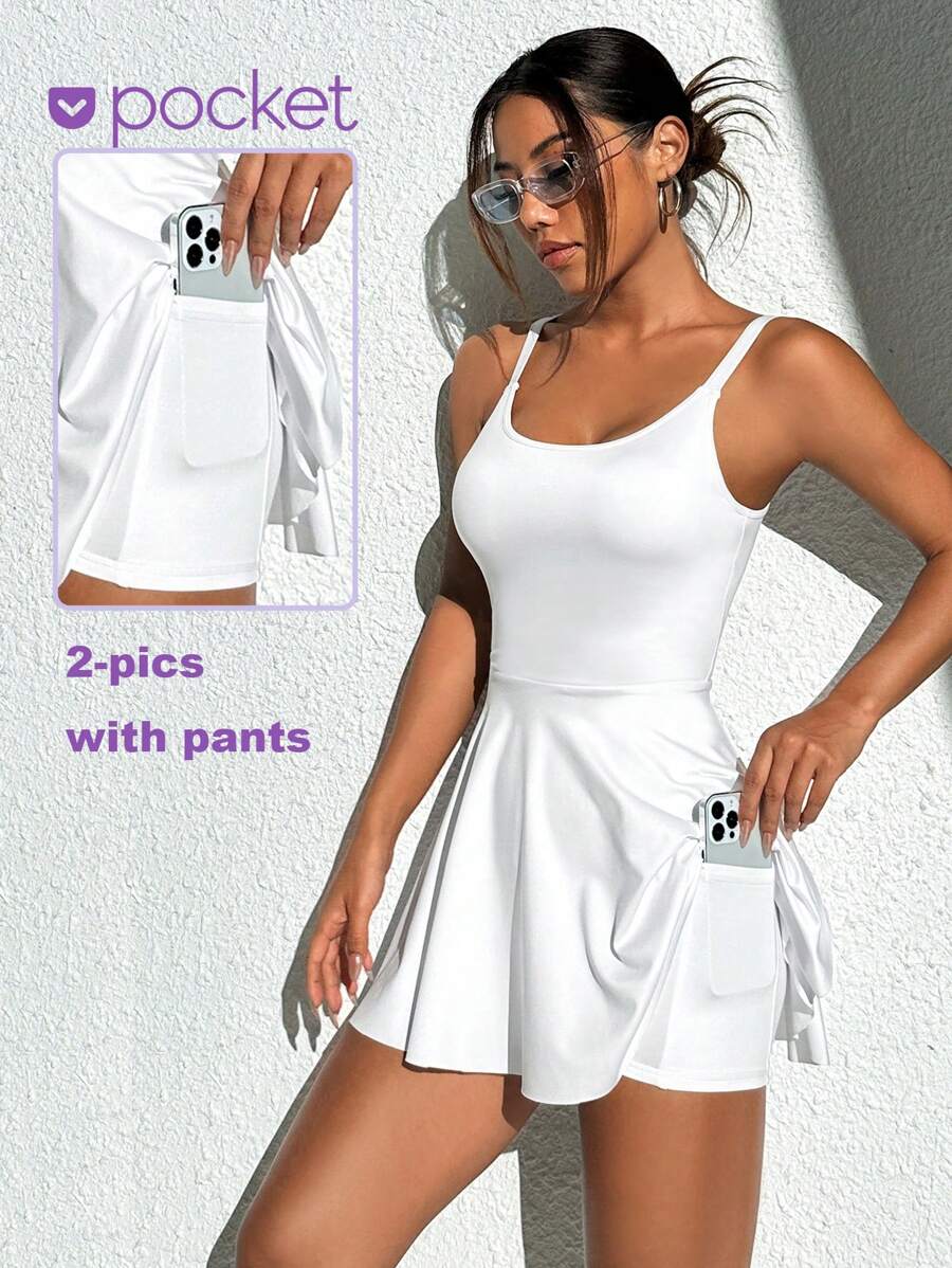 CourtClass White Twist-Knot Design Tennis Dress With Leggings Set ...