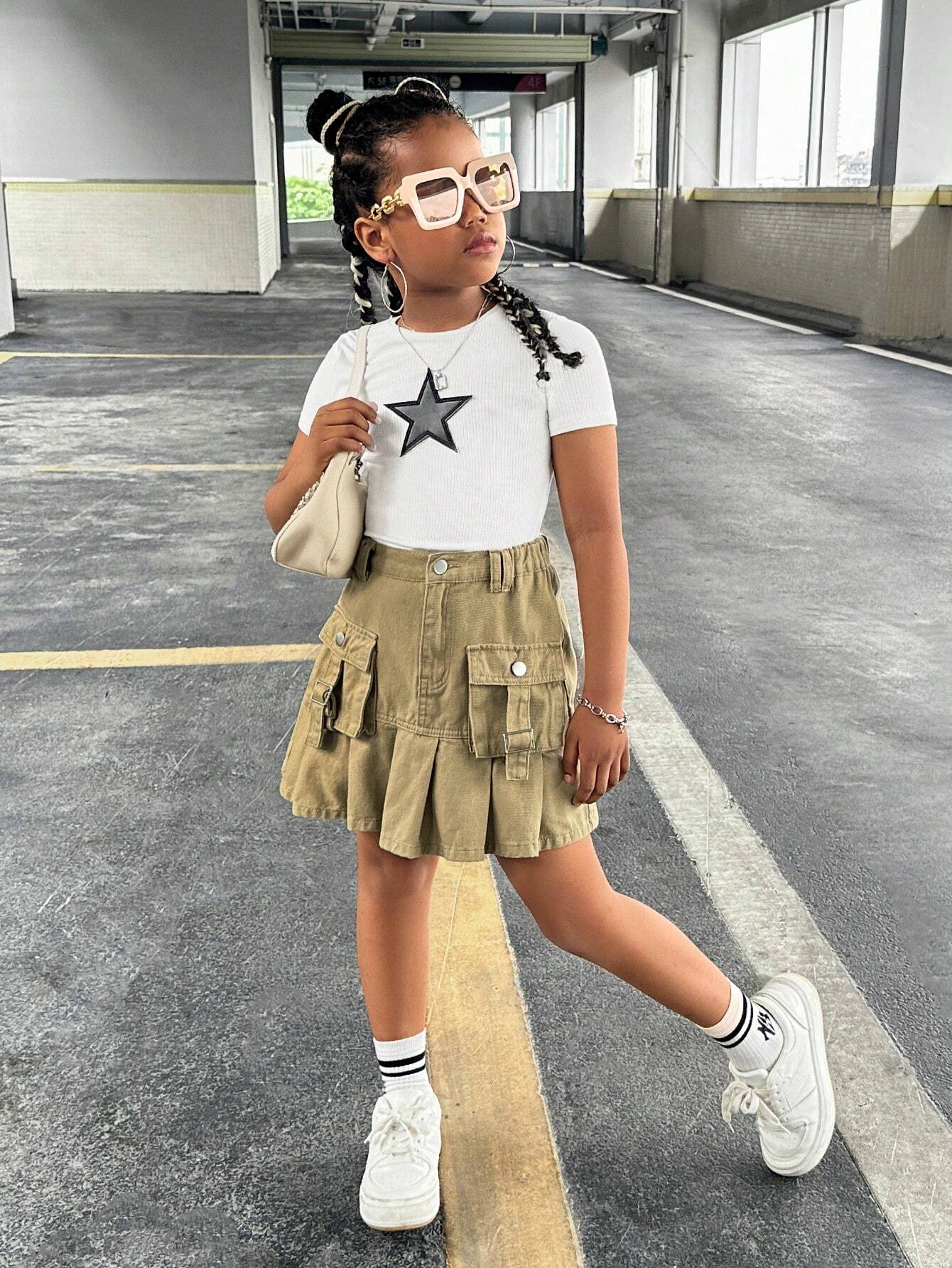 SHEIN Streecool Kids Tween Girl Khaki Denim Skirt With Large Pockets ...