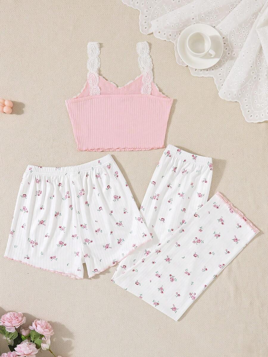 Tween Girl Pink Ditsy Floral Shorts And Pants Set With Camisole Top, 3pcs Home Wear Set | SHEIN UK